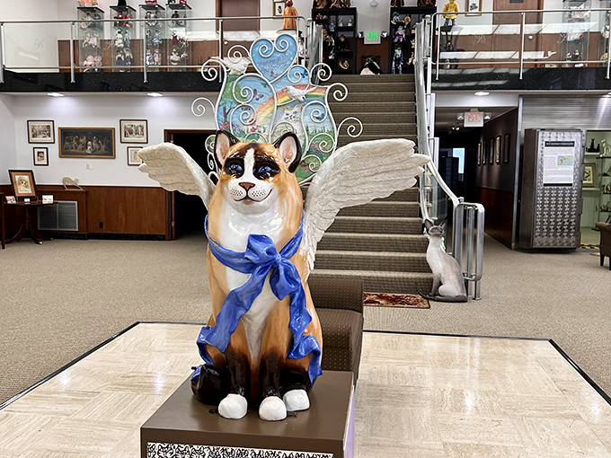 This winged cat statue combines the majesty of an angel with the attitude of a feline – a heavenly messenger who might knock your coffee off the table.