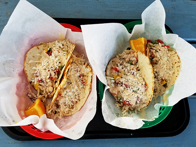 These tacos look like they were assembled by someone who genuinely wants you to be happy. The orange wedges aren't just garnish—they're sunshine in fruit form.