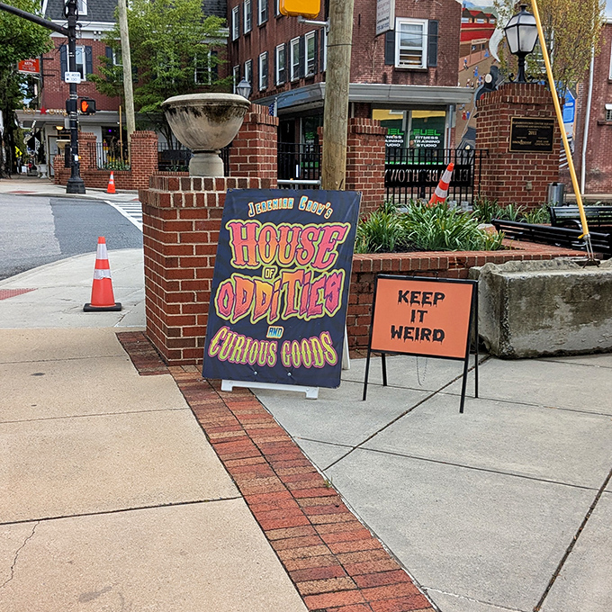 "Keep It Weird" indeed! The sidewalk signage serves as both invitation and warning to potential visitors of what awaits inside.