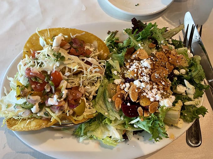 Fish tacos and a side salad—the California compromise that satisfies both your beach cravings and your doctor's advice about eating more greens.