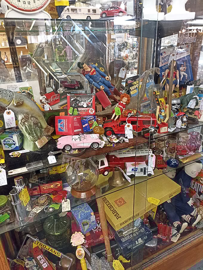 Childhood encased in glass—Superman still flies, toy cars still race, and dolls still wait patiently for tea parties that ended decades ago.