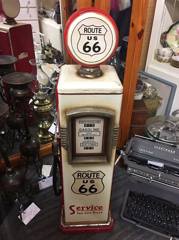 Route 66 nostalgia pumps through this vintage gas station replica, a slice of Americana that transports you to the golden age of road trips.