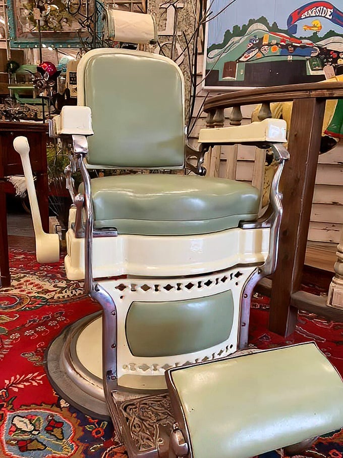 This mint-green barber chair has seen things – haircuts from crew cuts to mullets – and stands ready for its second act.