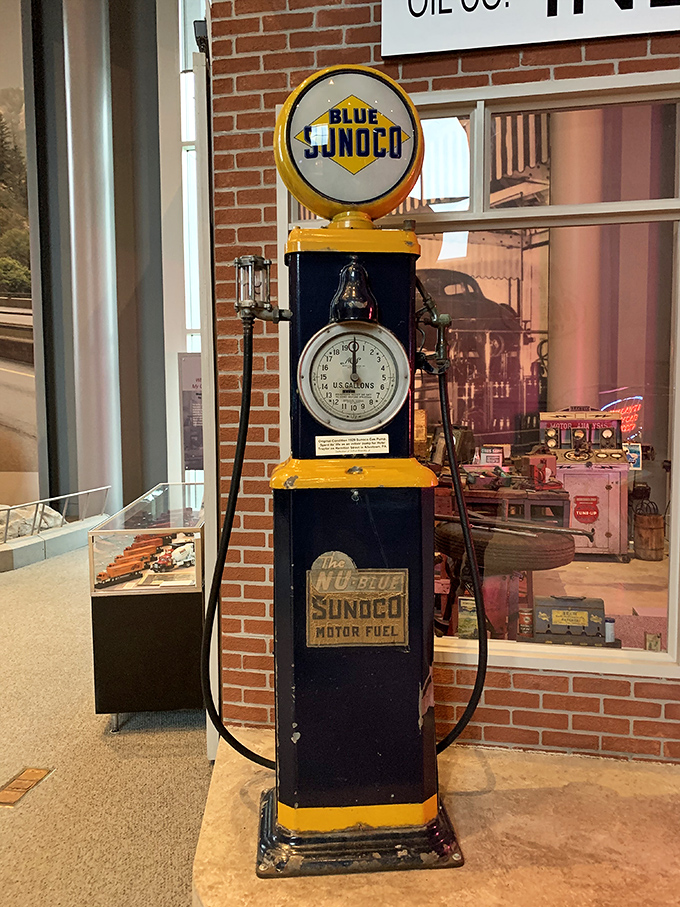 The restored Blue Sunoco pump with its art deco styling reminds us when filling stations were architectural gems and gas was measured in gallons, not dollars.