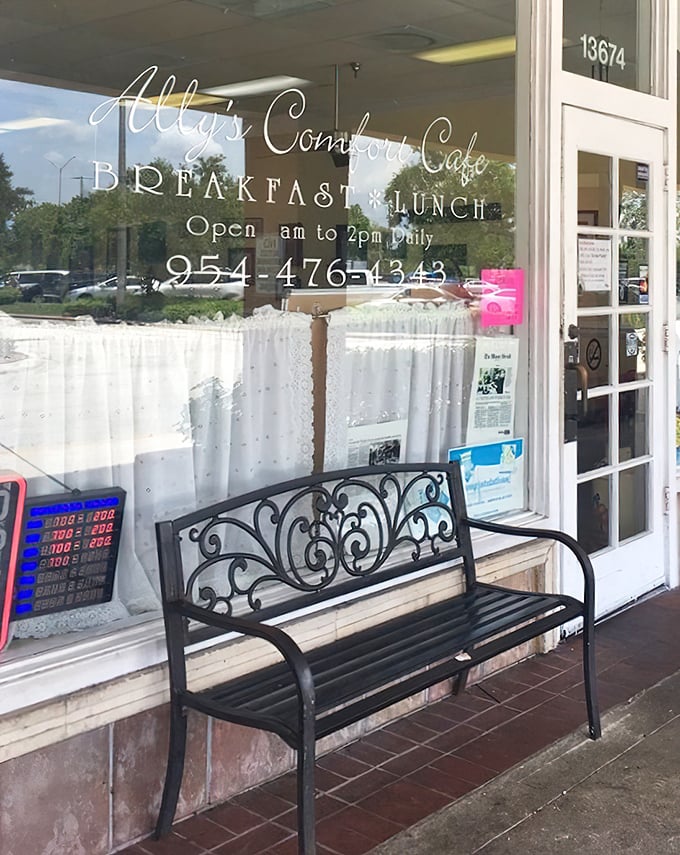 The entrance bench—where anticipation builds and the aroma of bacon serves as your appetizer before you've even stepped inside.