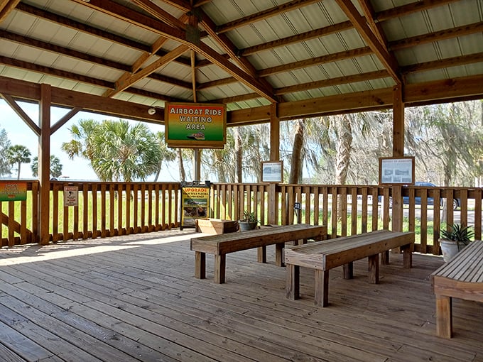 Adventure's waiting room. The covered airboat departure area offers a shaded respite before visitors embark on their high-speed wetland journey.