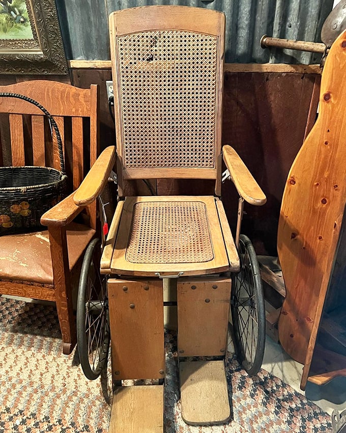 An antique wheelchair that reminds us how far medical technology has come. The wicker seat and wooden wheels speak to both ingenuity and necessity.