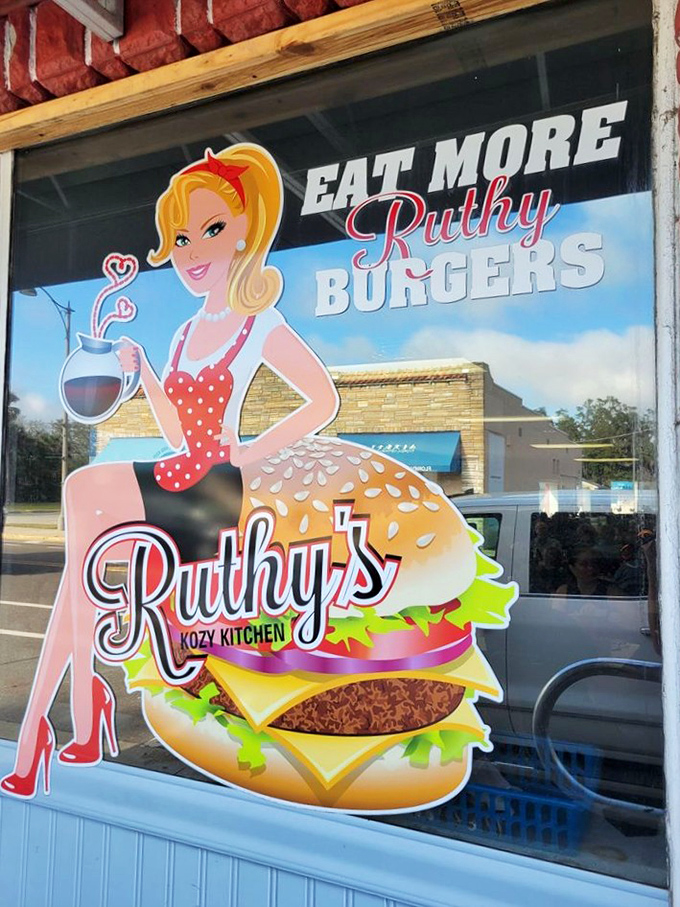 Window art that promises burger bliss—because sometimes breakfast just isn't enough time with Ruthy's magical cooking.