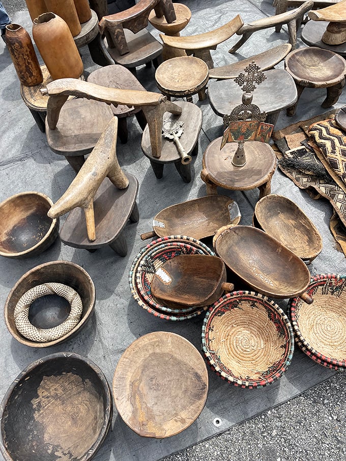 Hand-carved wooden bowls and artifacts showcase artisan craftsmanship that modern machines simply cannot replicate today.