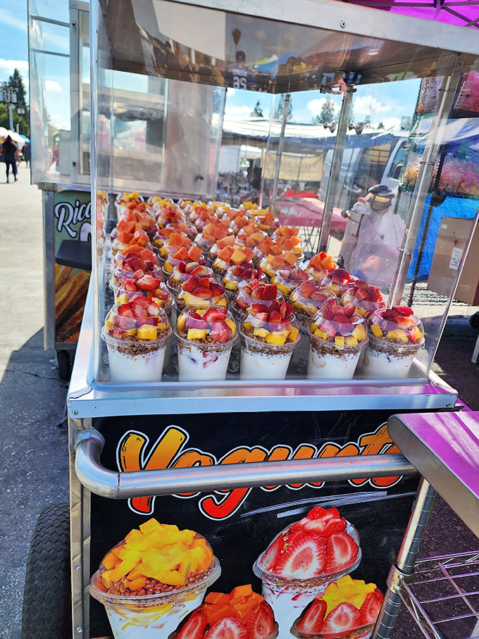 Dessert cups that combine yogurt, fresh fruit, and photogenic appeal – the Instagram stars of swap meet food courts everywhere.