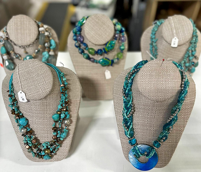 Turquoise jewelry displays that capture Lowcountry style. These necklaces are ready for their second act at sunset cocktails or beach walks.