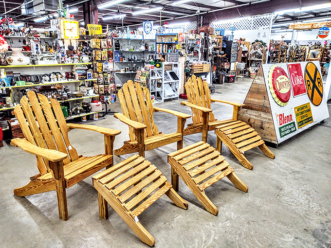 Adirondack chairs lined up like old friends waiting for your stories. Perfect for porch sitting, sunset watching, and solving all the world's problems over lemonade.