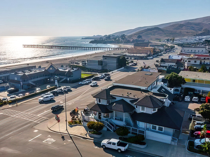From above, Cayucos reveals its perfect positioning—nestled between rolling hills and the vast Pacific, a town that refuses to be rushed.