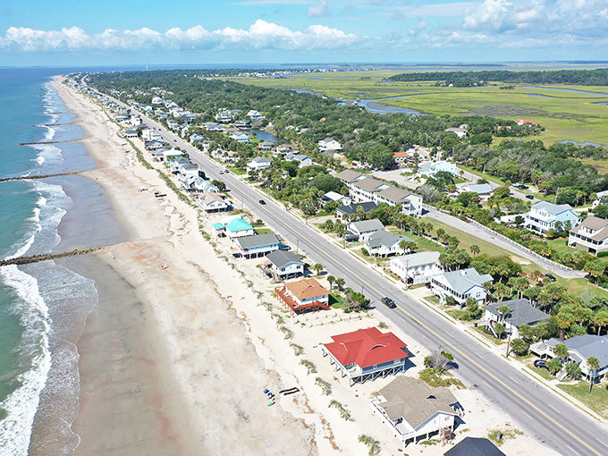 God's own panoramic view of Edisto—where homes respectfully line up to admire the Atlantic while marshlands stretch protectively behind them. 