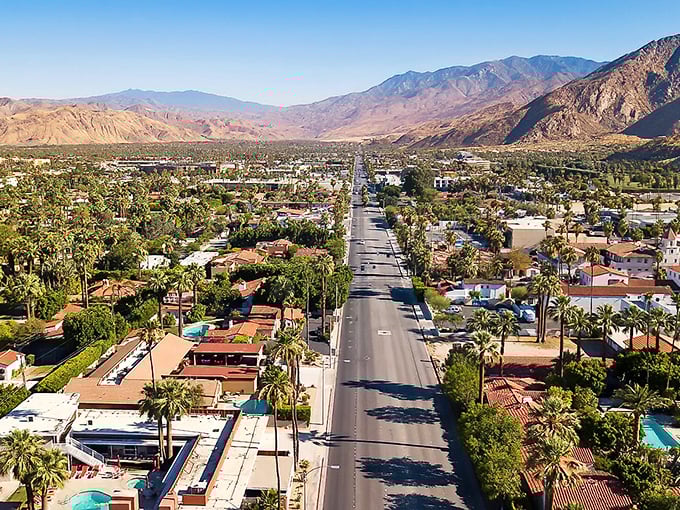 This aerial view shows Palm Springs, not Ridgecrest—a reminder that California offers diverse desert communities with varying price tags.