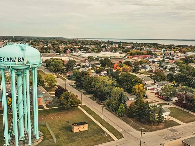 From above, Escanaba reveals its perfect positioning—nestled between forest green and lake blue, it's nature's perfect color palette for affordable small-town living.