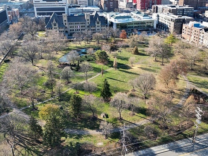 Bird's-eye brilliance! From above, the park's master plan unfolds—a green jewel nestled in Columbus's urban landscape, just waiting to be discovered.
