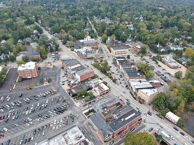 From above, Chagrin Falls reveals its perfect small-town layout—where "rush hour" means three cars waiting at the town's only stoplight.