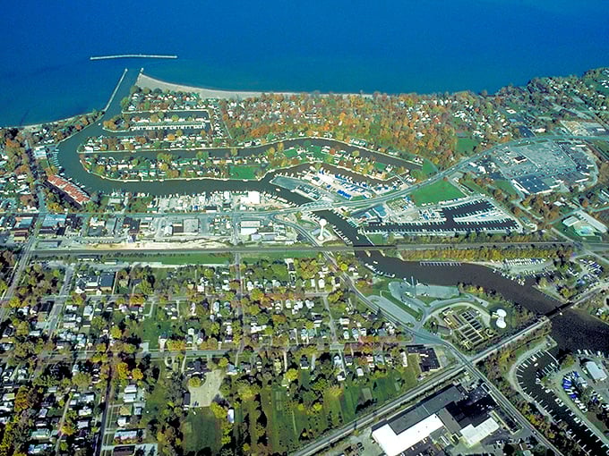 From above, Vermilion reveals its true character – a town embraced by water on all sides, with neighborhoods nestled between blue and green.