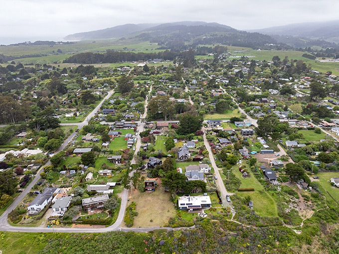 From above, Bolinas reveals its true character – a patchwork of modest homes nestled between ocean and rolling hills.