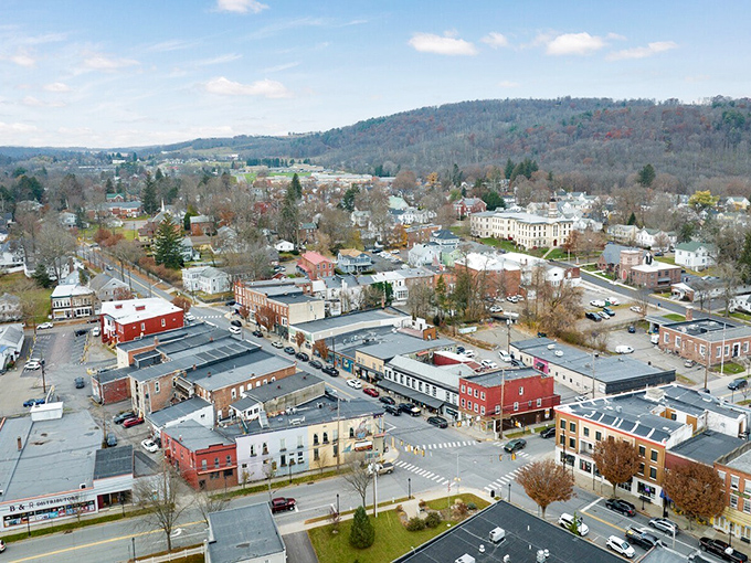From above, Tunkhannock reveals its perfect layout—a walkable downtown surrounded by neighborhoods, with the Endless Mountains providing nature's embrace.