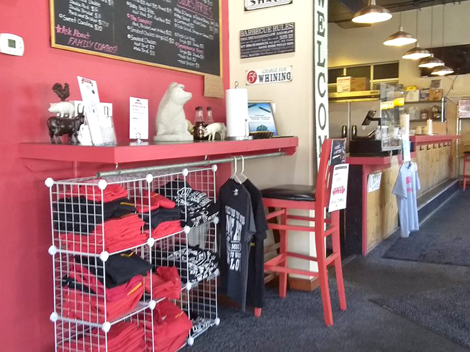 The merchandise corner where true believers can take home a souvenir t-shirt—because sometimes wearing your barbecue loyalty is almost as satisfying as eating it.
