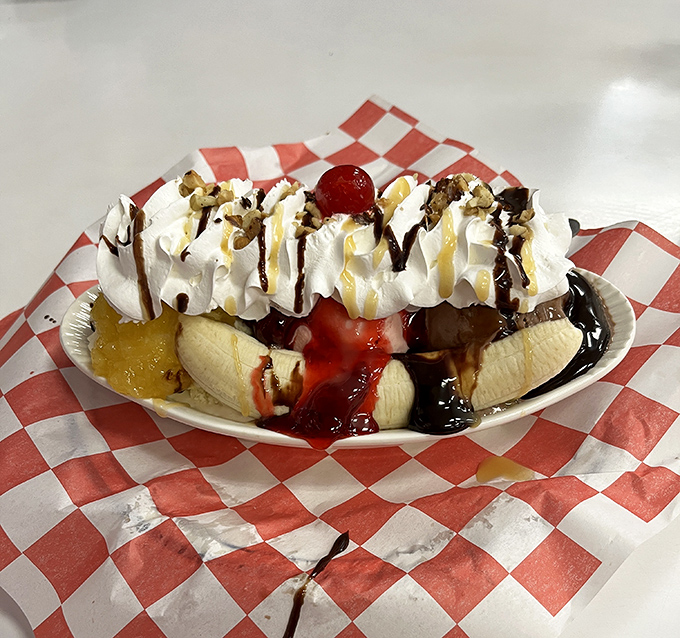 Behold the banana split in its natural habitat—a symphony of fruit, ice cream, and toppings that makes adults remember what it's like to be kids again.