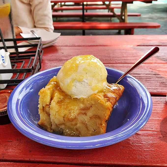 Warm banana pudding topped with vanilla ice cream melting into a sweet surrender. The blue bowl against the red picnic table is Florida's version of food art.