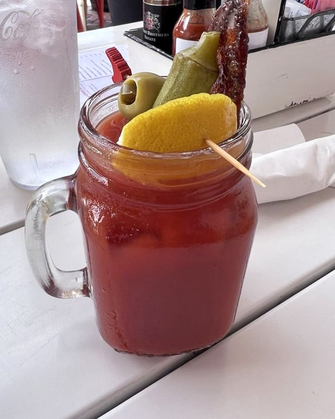 A Bloody Mary garnished like a small salad. The breakfast cocktail equivalent of "go big or go home"—spicy, savory, and unapologetically bold.