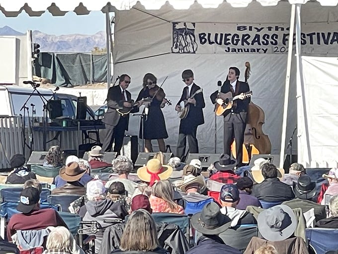 The Blythe Bluegrass Festival brings toe-tapping melodies to the desert, where music lovers gather under canopies to celebrate timeless American sounds.