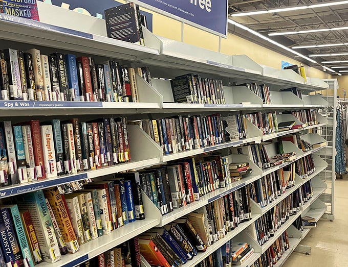 The book section—where spy thrillers rub covers with romance novels and self-help guides in a literary cocktail party.