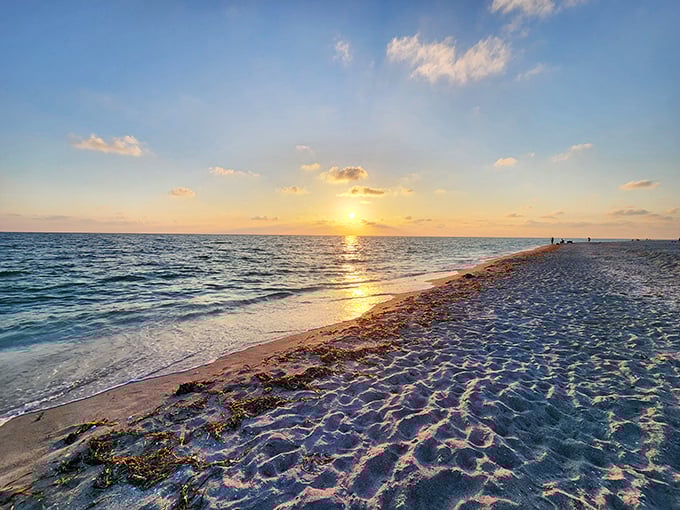 Sunset painting the sand in golden hues, turning an ordinary beach day into a memory you'll revisit during future Monday meetings.
