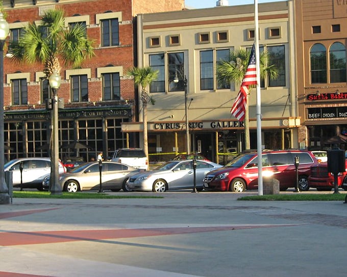 Historic storefronts along downtown Ocala capture that magical moment when late afternoon sun turns ordinary buildings into gold.