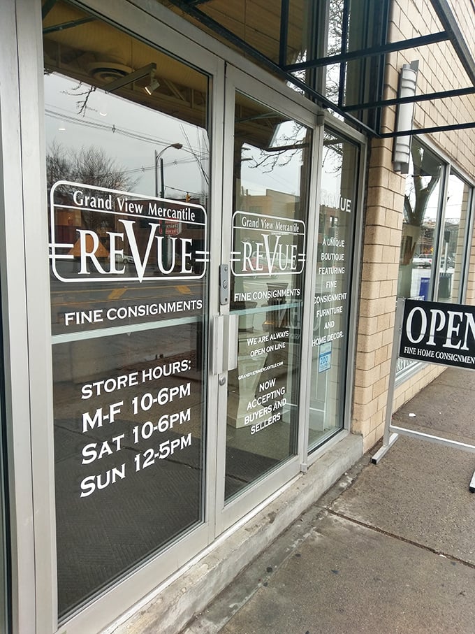The front door tells you everything you need to know – "FINE CONSIGNMENTS" is not just a description, it's a promise of the treasures waiting inside.
