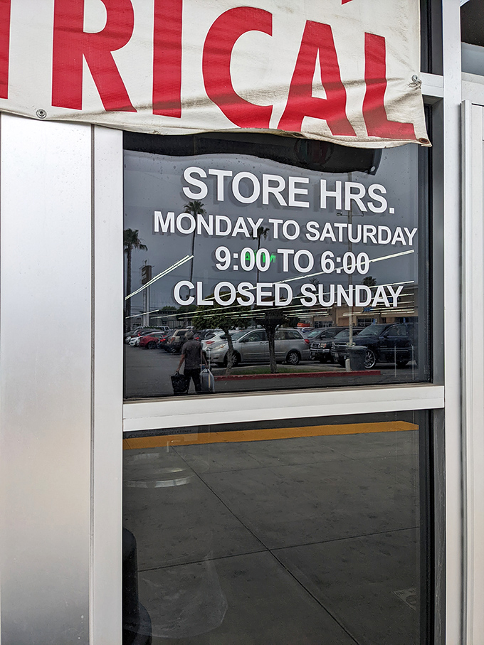 Store hours clearly posted—the schedule of opportunity. Monday through Saturday, treasure hunters have nine hours daily to strike secondhand gold.