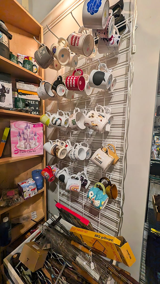 The mug wall—where coffee vessels with personality hang out waiting for their next morning routine. Choose your caffeinated weapon.