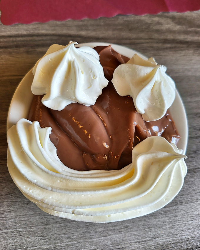 This chocolate pudding with whipped cream doesn't need filters or fancy plating—it's the dessert equivalent of that friend who's always genuinely happy to see you.