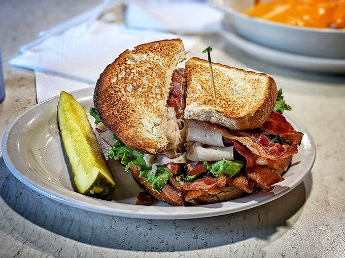 A club sandwich built like a skyscraper of flavor – the architectural achievement of bread, bacon, and fresh vegetables that makes lunch meaningful again.