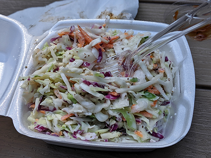 Coleslaw that knows its role perfectly – bringing crisp, cool contrast to rich, smoky meat like the wise sidekick in a buddy comedy.
