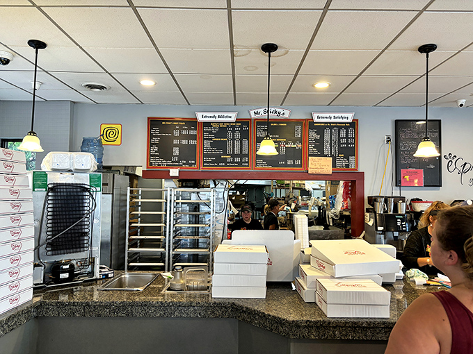 The counter where dreams come true. From this hallowed spot, sticky buns begin their brief journey to eternal remembrance.