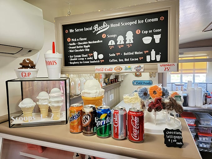 The ice cream counter offers local Beck's hand-scooped treats. Because after touring a giant shoe, the only logical next step is ice cream.