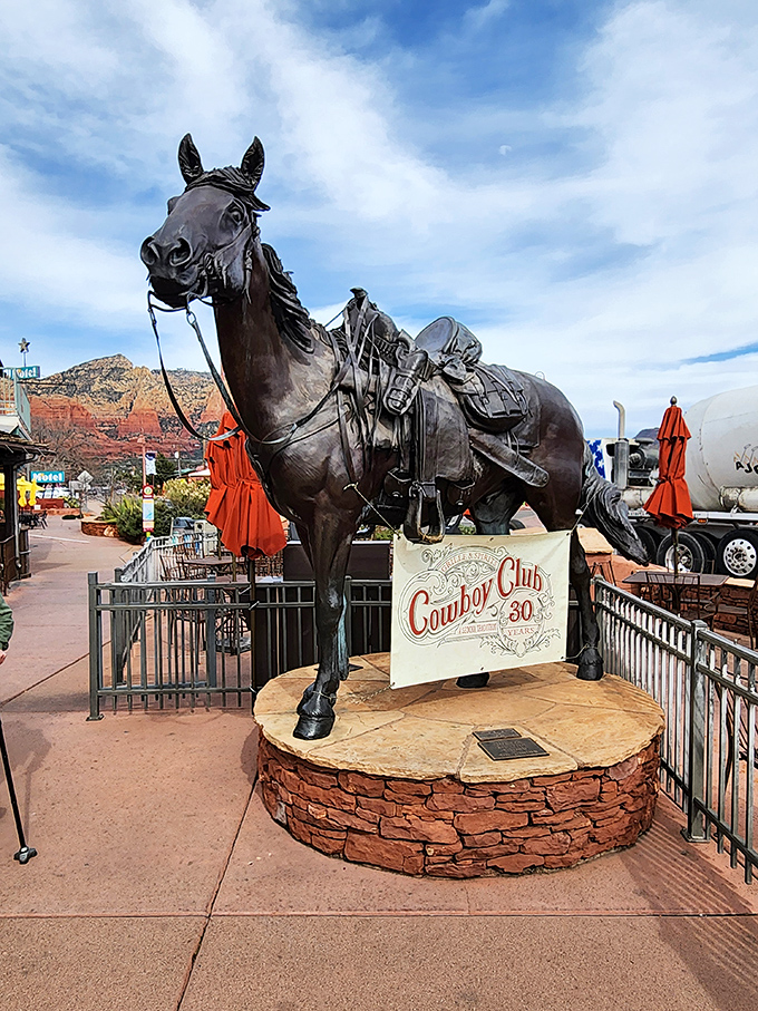 Not just any horse statue – this bronze beauty stands guard outside, promising authentic Western hospitality before you even step inside.