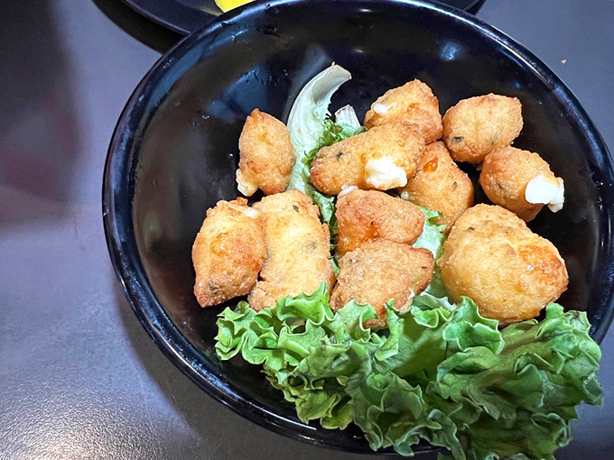 Golden-fried cheese curds nestled on crisp lettuce—little nuggets of Midwestern joy that squeak between your teeth and warm your soul with each bite.