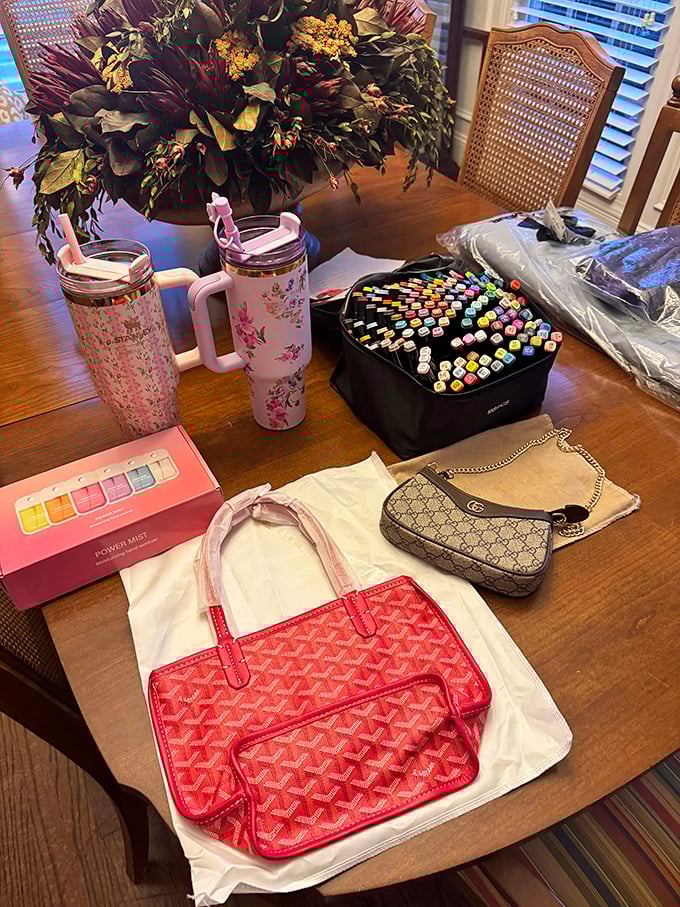 The trophy display of one successful hunter-gatherer. Designer bags, art supplies, and stylish drinkware—all rescued from retail obscurity at bargain prices.