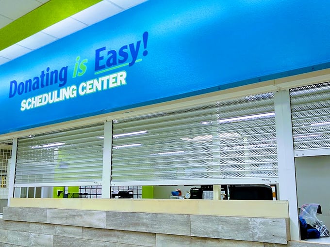 "Donating is Easy!" proclaims the sign, the first step in the virtuous circle that powers this community-minded marketplace.