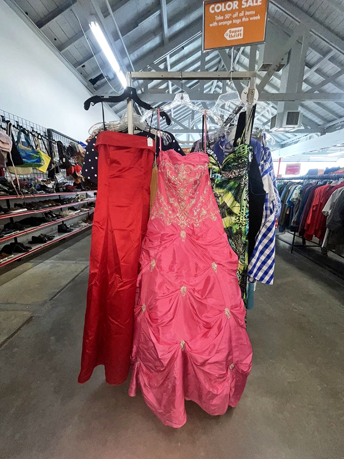 Formal dresses hang patiently, each one holding memories of special occasions past and dreams of celebrations to come.
