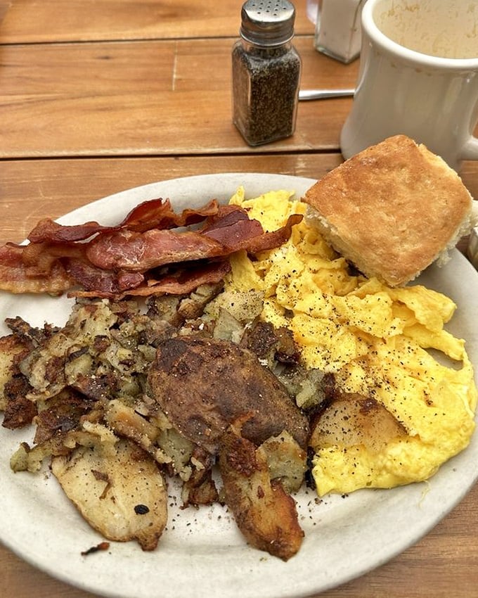 The Early Bird Special isn't just breakfast—it's edible therapy featuring eggs, bacon, and potatoes in perfect harmony.
