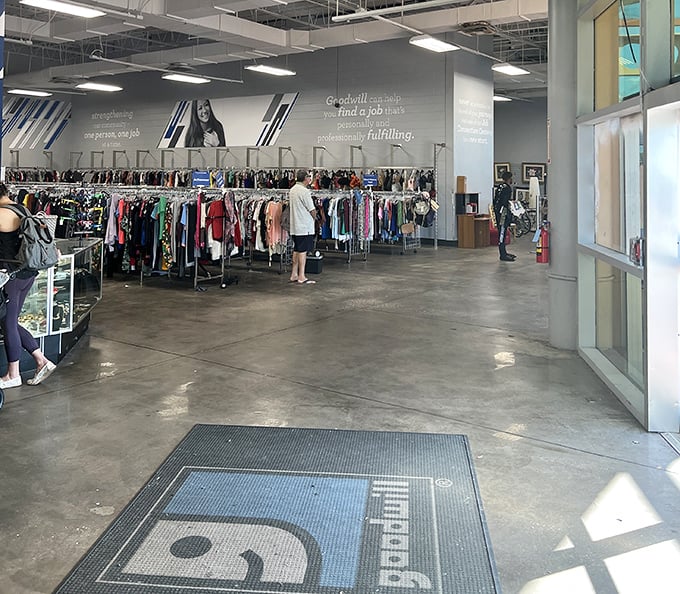 The entryway welcomes treasure hunters with promise and possibility. That Goodwill logo might as well be a "X marks the spot" on a bargain map.