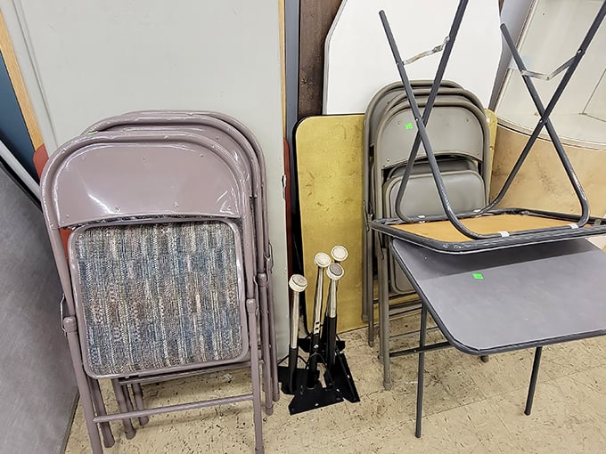 The humble folding chair—unsung hero of unexpected dinner guests and impromptu card games. Practical magic at its most affordable.