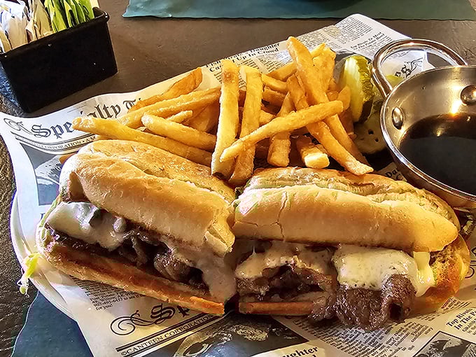 The French Dip sandwich—where thinly sliced beef and melted cheese create the ultimate comfort food marriage, with au jus playing matchmaker.